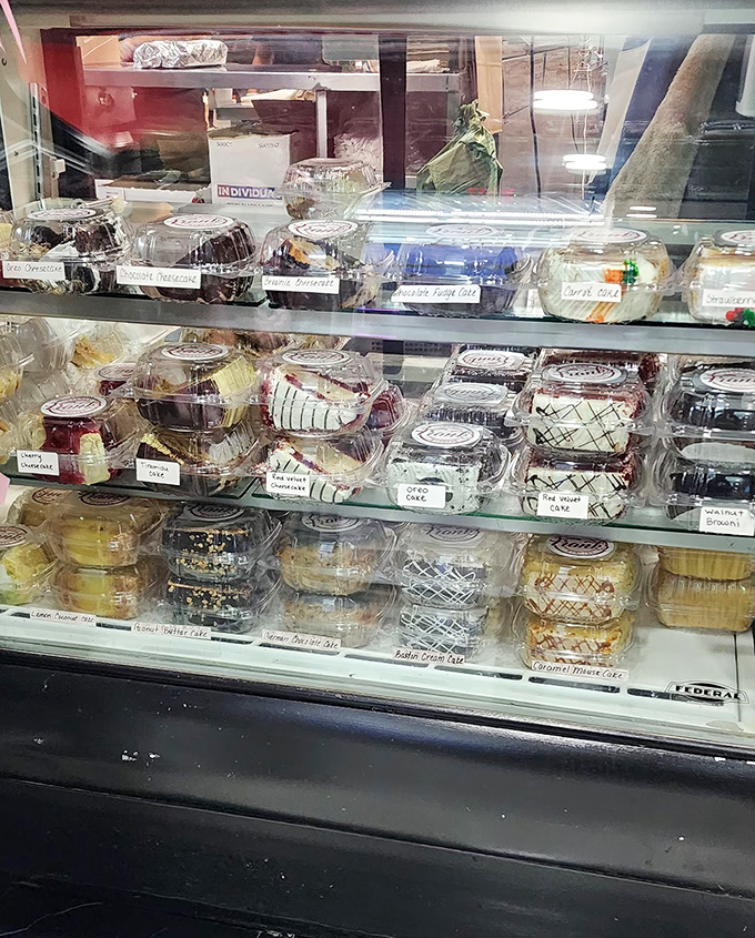 A dessert display that makes waiting in line a sweet torture – each option more tempting than the last.