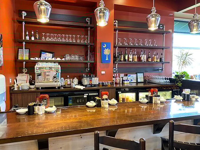 The bar area isn't just an afterthought—it's where morning mimosas and Bloody Marys come to fulfill their breakfast cocktail destiny.