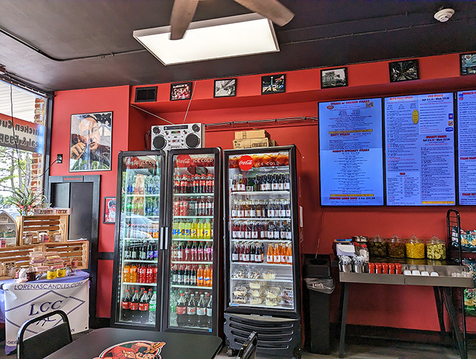 The drink selection wall—colorful, cold, and comprehensive. The perfect liquid sidekicks for your sandwich adventure.