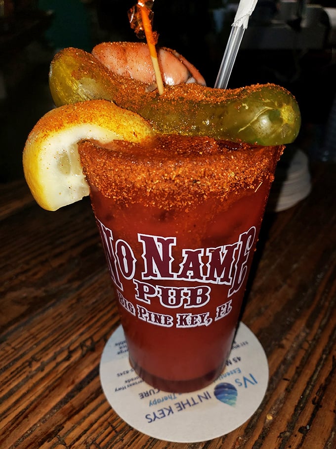 This isn't just a Bloody Mary—it's a spicy work of art in a glass, garnished with enough vegetables to count as a side salad.