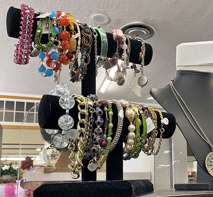 Jewelry displays where costume pieces sparkle with as much personality as their pricier counterparts – perfect for fashionistas on a budget.