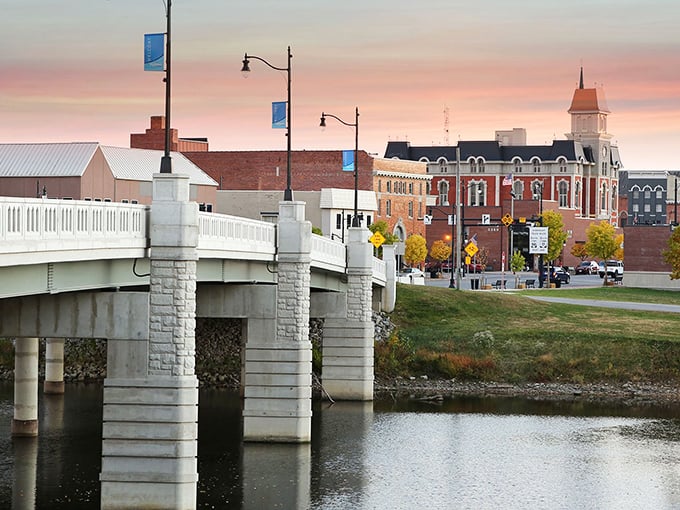 The Clinton Street Bridge connects more than just riverbanks—it links Defiance's historic downtown with its residential neighborhoods in picture-perfect harmony.