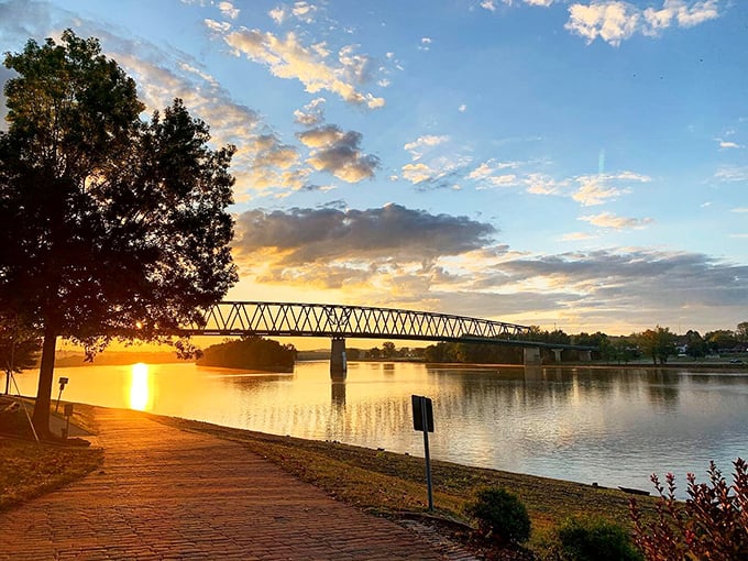 Sunrise transforms the Ohio River bridge into a silhouette against golden skies—a daily light show that never requires tickets.