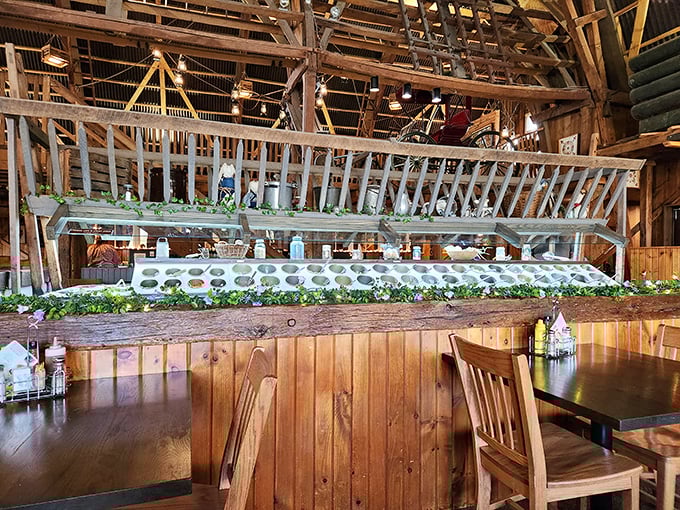 The legendary salad wagon in all its glory—a wooden masterpiece offering fresh ingredients that puts sad city salad bars to absolute shame.