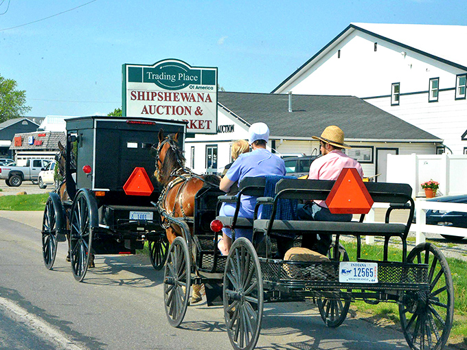 Horse-drawn buggies—Amish Uber at its finest—clip-clopping toward the market where modern commerce meets traditional craftsmanship.