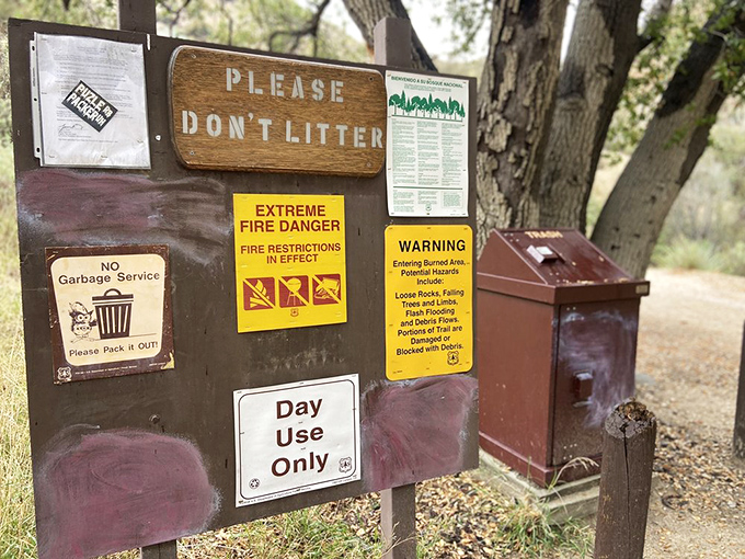 The trail's bulletin board – where "extreme fire danger" reminds you this isn't Disneyland, but the real wild west.