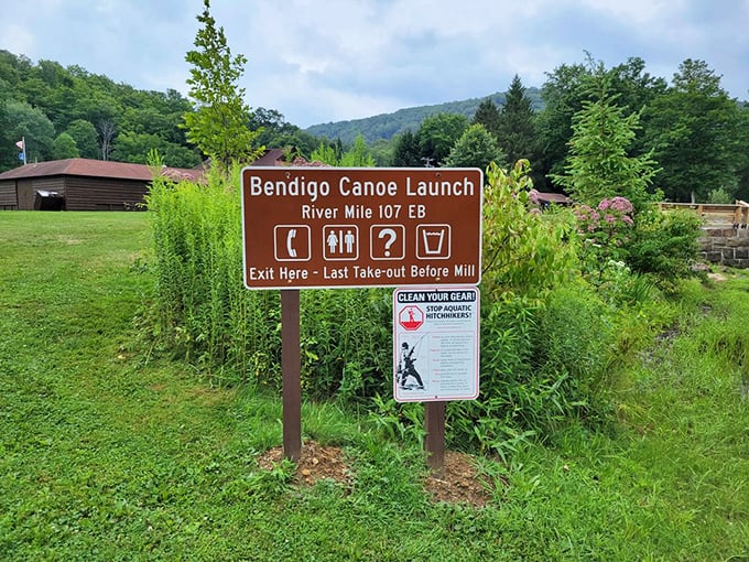The canoe launch sign – nature's version of "You Are Here." Last chance to remember those paddling skills before testing them in real time.