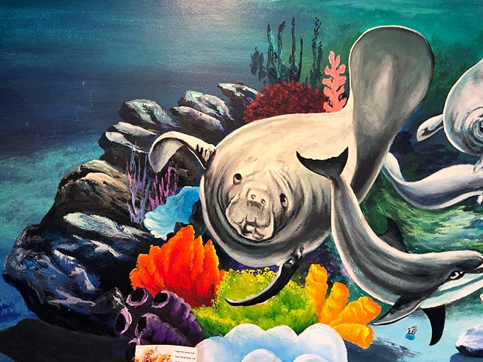 Sea life murals that make you feel like you're dining under the ocean—a fitting backdrop for seafood omelets.