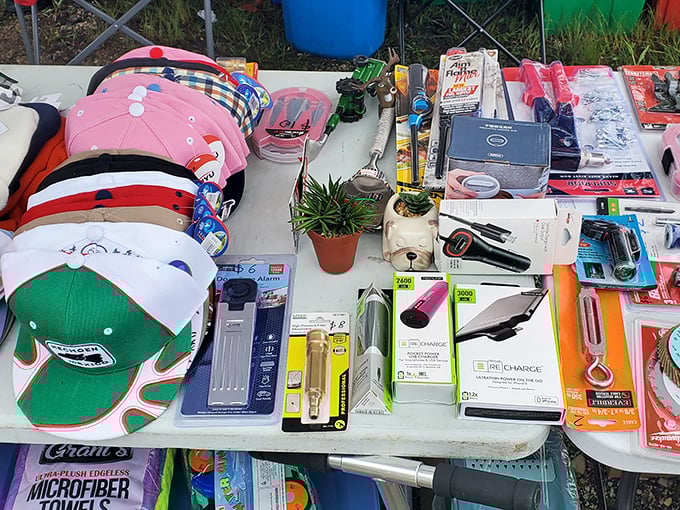 Baseball caps and gadgets galore—this table offers solutions to problems you didn't know you had until this very moment.