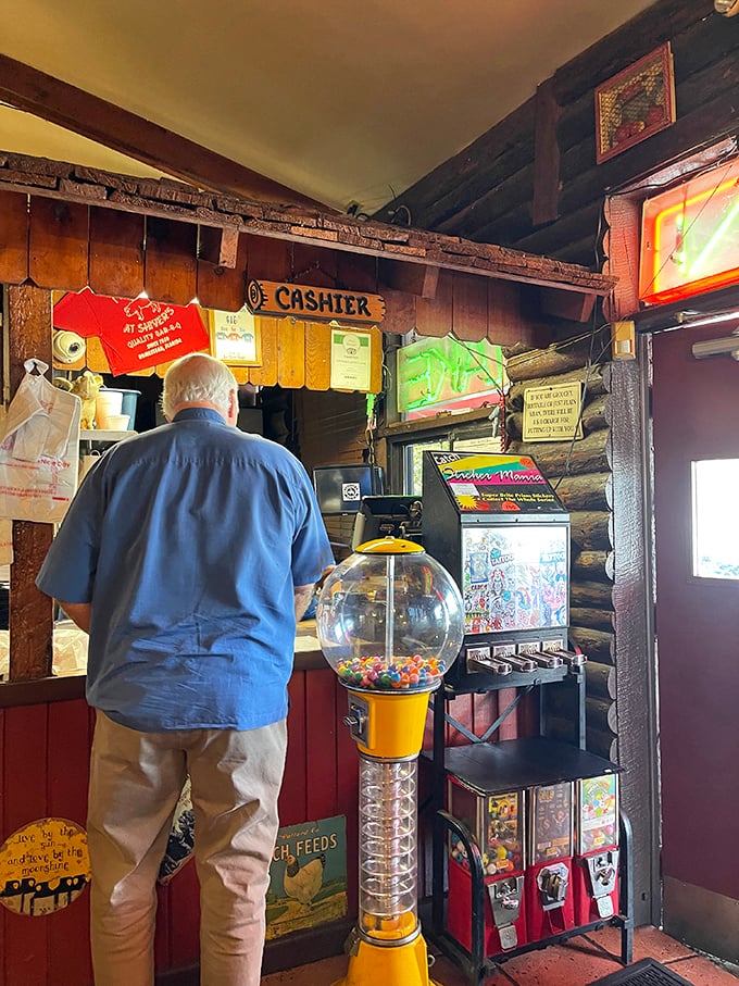 The candy machine by the cashier—because sometimes after a full rack of ribs, what you really need is a gumball for the road.