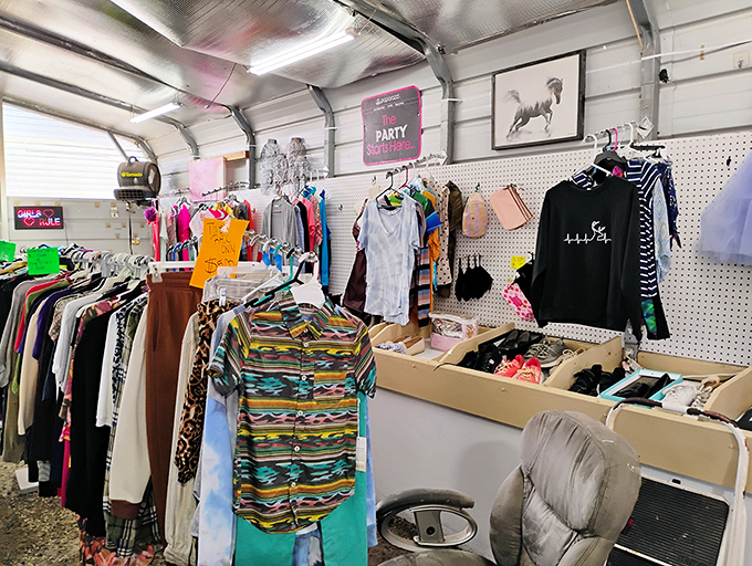 Vintage fashion hangs hopefully alongside modern pieces. That Hawaiian shirt has stories to tell if you're brave enough to wear it.
