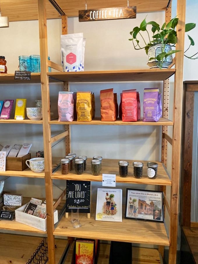 Coffee beans in technicolor bags promise flavor adventures from around the world. This shelf is basically a passport for your taste buds—no actual travel required.