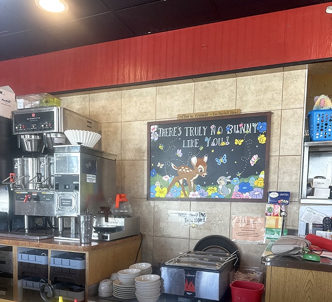 A whimsical Bambi-themed chalkboard reminds us there's "truly no bunny like you" – diner charm that's simultaneously eye-roll inducing and heartwarming.