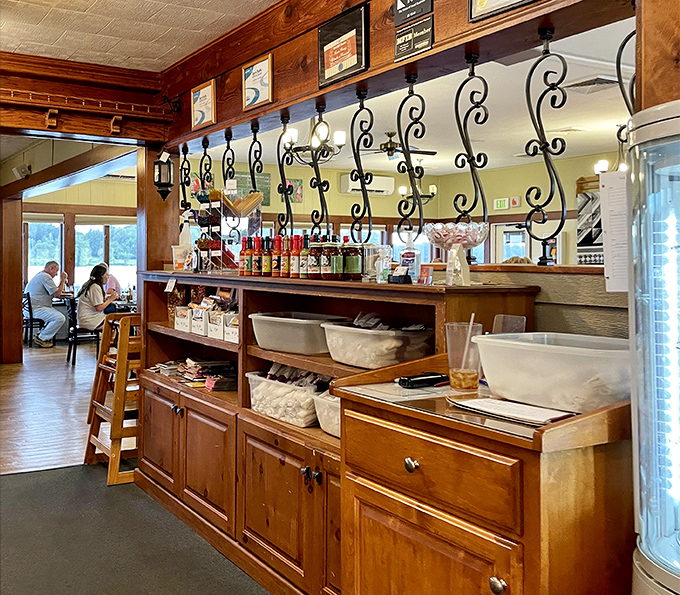 Behind-the-scenes magic where condiments wait patiently to elevate your meal. That wooden craftsmanship isn't just functional—it's pure Indiana heritage.