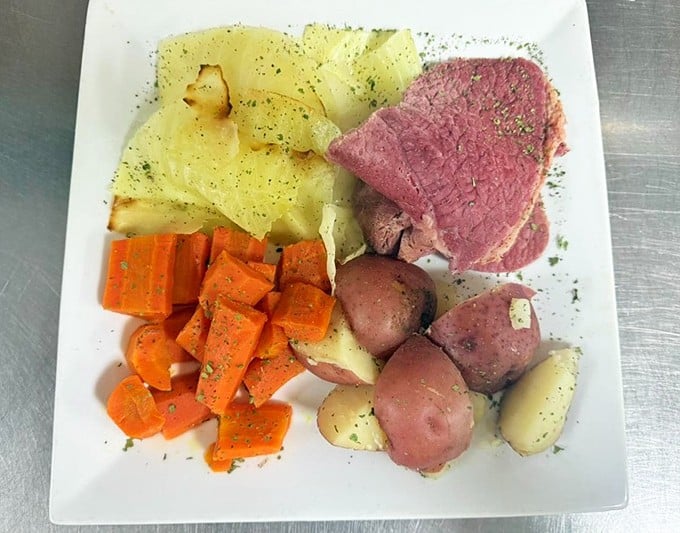 Corned beef dinner with potatoes and carrots—comfort food that whispers "everything's going to be okay" with each tender, savory bite.