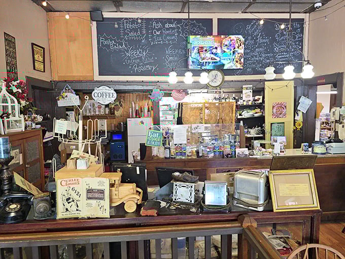 The counter tells stories of decades past. Vintage treasures and a chalkboard menu create an atmosphere where rushing through your meal seems like sacrilege.