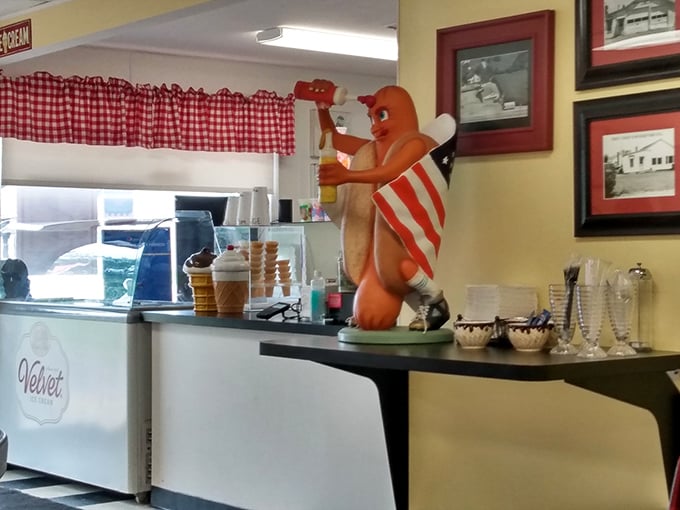 That hot dog mascot isn't just decoration—he's the unofficial mayor of this ice cream kingdom, presiding over sweet memories in the making.