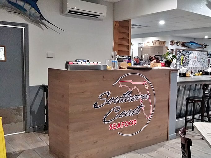 The reception counter greets you with Florida's outline – a reminder that great seafood is this state's birthright.