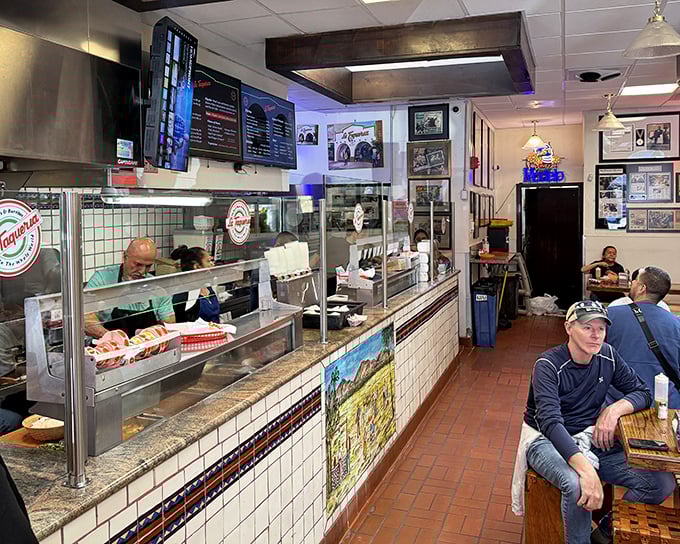 The ordering counter—where dreams are made and hunger pangs go to die. Notice the well-worn path to burrito nirvana.