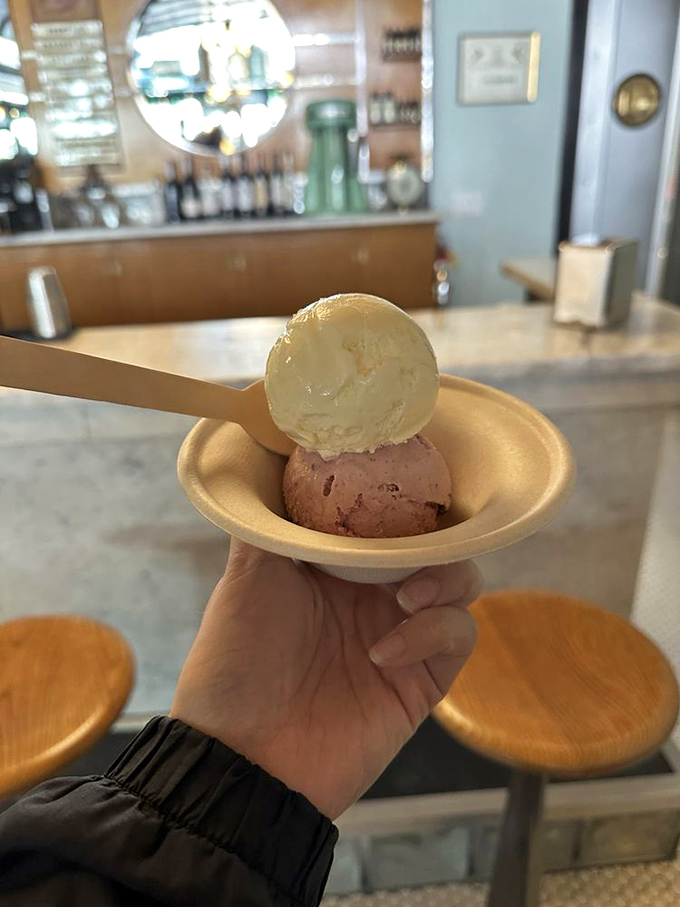 Two scoops of contrasting personalities sharing one dish—like an odd couple sitcom where everyone wins, especially your taste buds.
