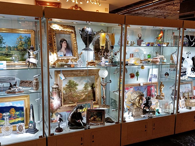 Display cases filled with art and collectibles – each shelf a curated story waiting for the next chapter in someone's home.