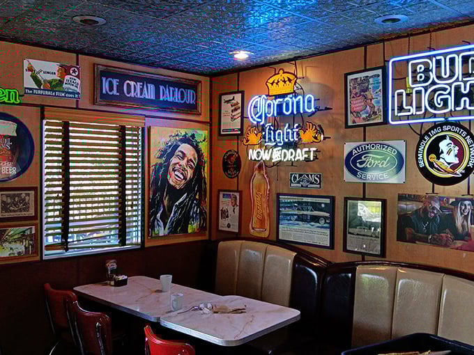 The walls tell stories through neon signs and memorabilia—a booth where you could easily lose track of time while solving the world's problems.