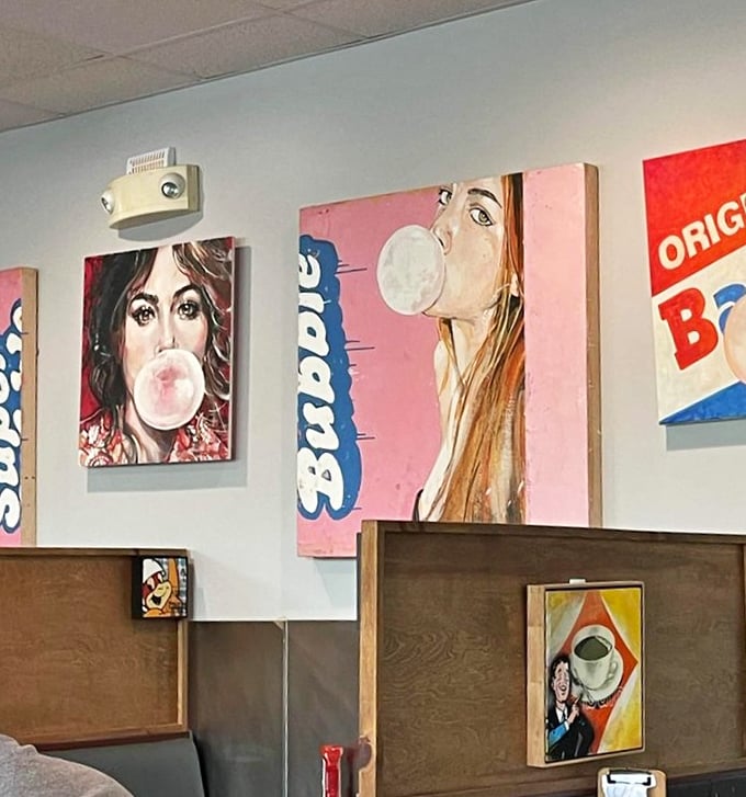 Bubble gum pop art adds whimsy to your meal—dining surrounded by colorful canvases that spark conversation and smiles.