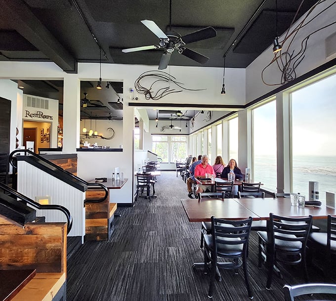 Multi-level dining ensures everyone gets front-row seats to nature's greatest show—the wild Pacific meeting Oregon's rugged coastline.