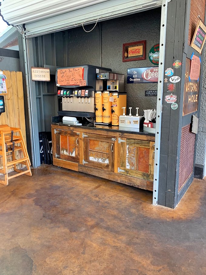 The drink station—because washing down world-class barbecue with anything less than fresh-brewed sweet tea would be a Floridian felony.