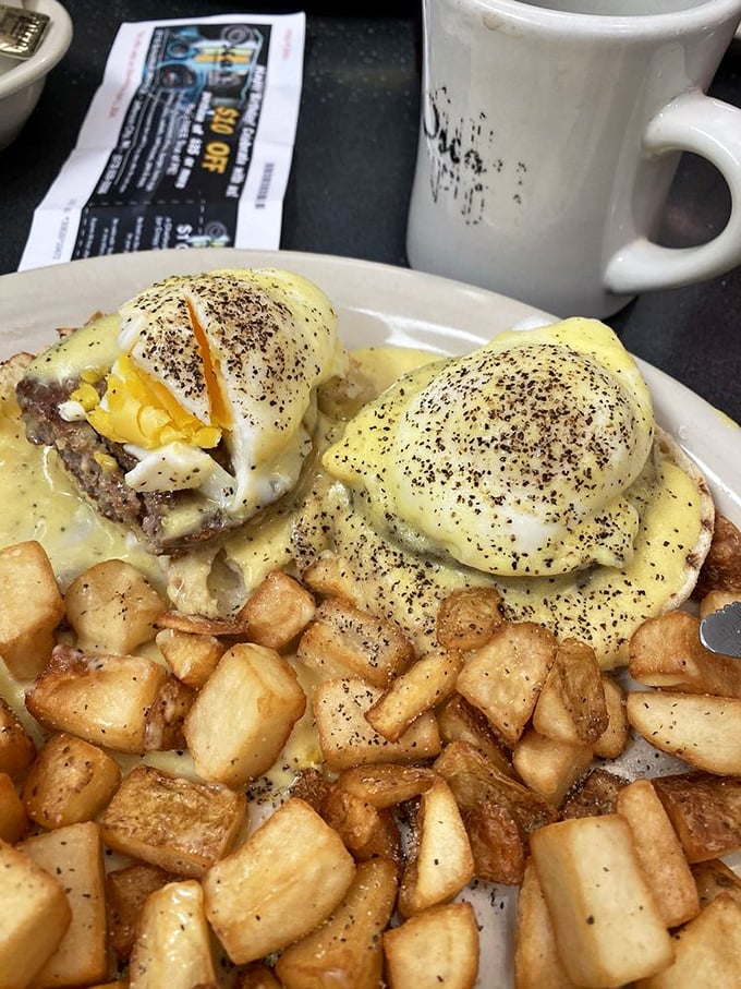 Eggs Benedict reimagined with a Midwest sensibility – golden potatoes, perfectly poached eggs, and hollandaise sauce that could end arguments between nations.
