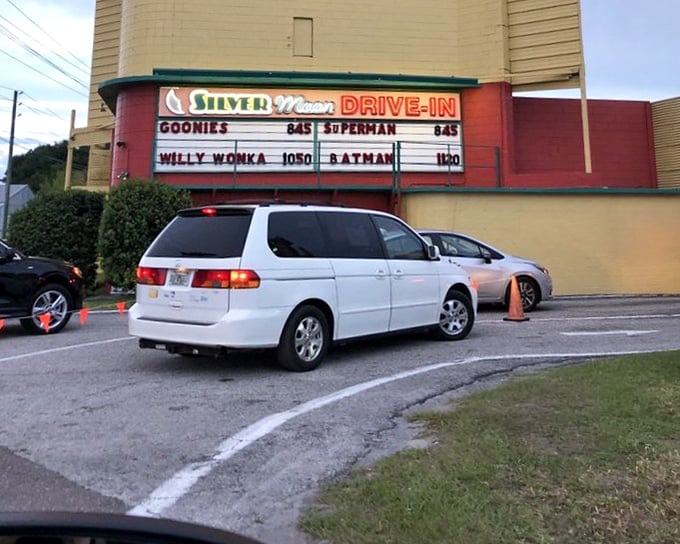 Classic marquee announcing "Goonies" and "Willy Wonka"—proof that Silver Moon knows nostalgia is always in season.