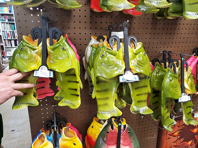 Fish slippers swimming on pegboard seas—proof that antique stores aren't just about serious collecting but also delightfully weird discoveries that make you smile.
