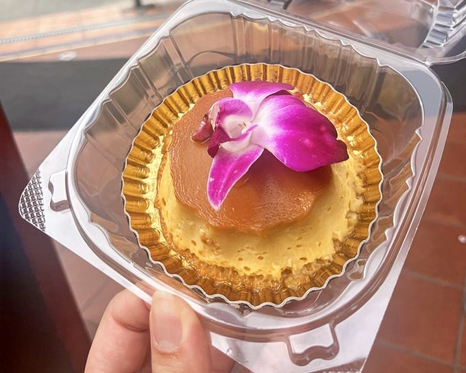 Flan so smooth it could run for office – topped with an orchid that's purely decorative, not edible.