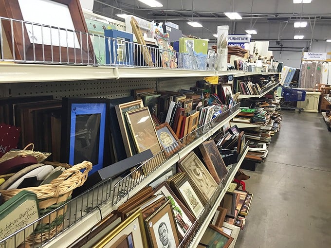 The frame section—where orphaned art finds new meaning and blank canvases await family photos. Wooden borders for life's most precious moments.