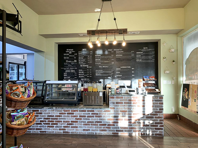 Sunlight streams in to highlight the brick counter—nature's spotlight on where the magic happens.