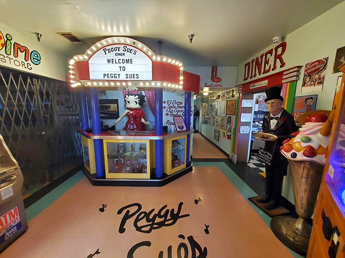 Step into the gift shop entrance and you're greeted by a mini-marquee and Betty Boop—because no road trip is complete without kitsch souvenirs.