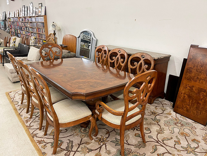Dining room elegance without the sticker shock – this ornate wooden set has hosted countless family dinners and stands ready for your memorable meals.