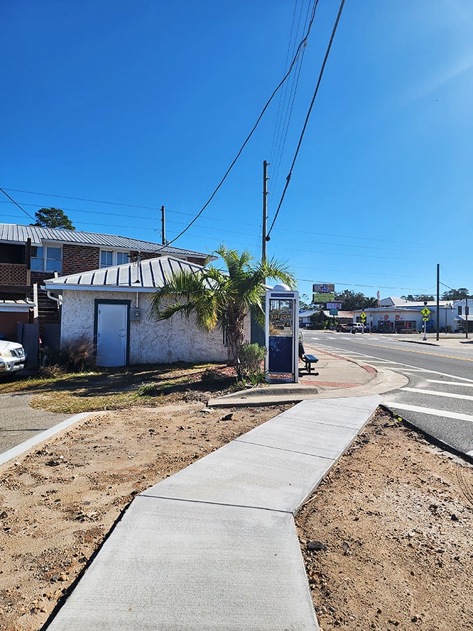 The full street view shows how this tiny police station fits perfectly into small-town Florida charm.