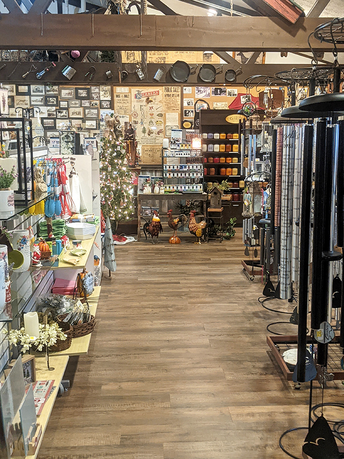 The gift shop feels like stepping into your grandmother's attic—if your grandmother collected roosters, vintage signs, and every kitchen gadget known to mankind.