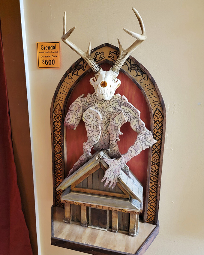 Grendal watches over visitors with antlered intensity. This mythological-inspired artwork transforms ancient fears into contemporary conversation pieces.