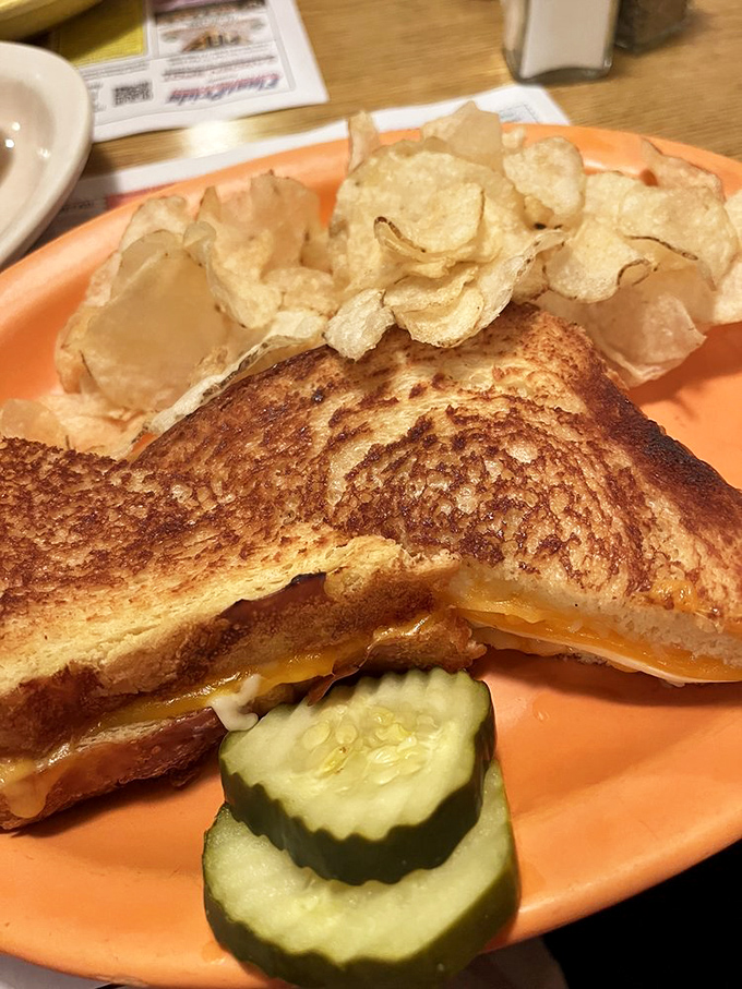 The humble grilled cheese elevated to art form – golden, buttery bread giving way to melted perfection, with crisp pickle slices offering tangy contrast.