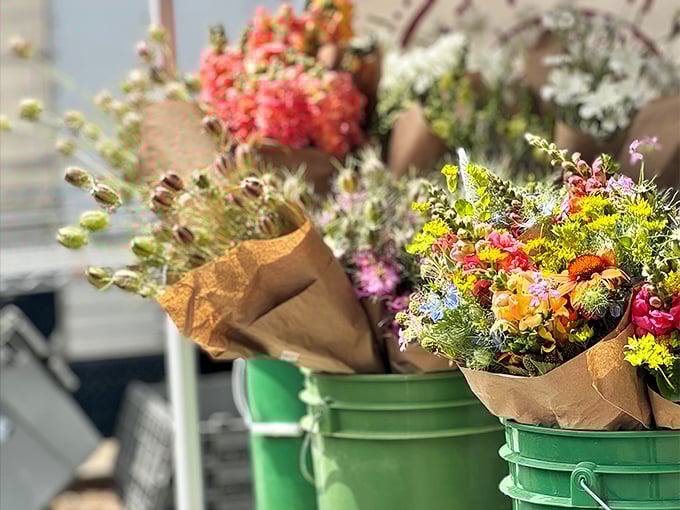 Fresh-cut flowers wrapped in simple brown paper remind us that in wine country, even the simplest pleasures come beautifully packaged.