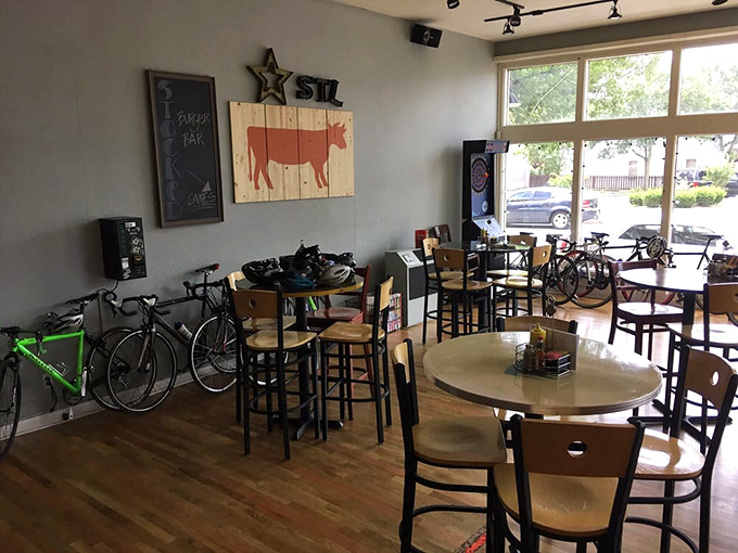 Bicycles parked inside suggest you might need the exercise after your meal, while rustic décor reminds you this is definitely Missouri, not Manhattan.