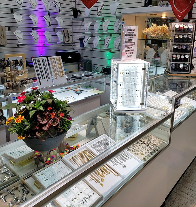The jewelry counter sparkles with possibilities—where costume pieces mingle with the occasional genuine article waiting for a keen eye.