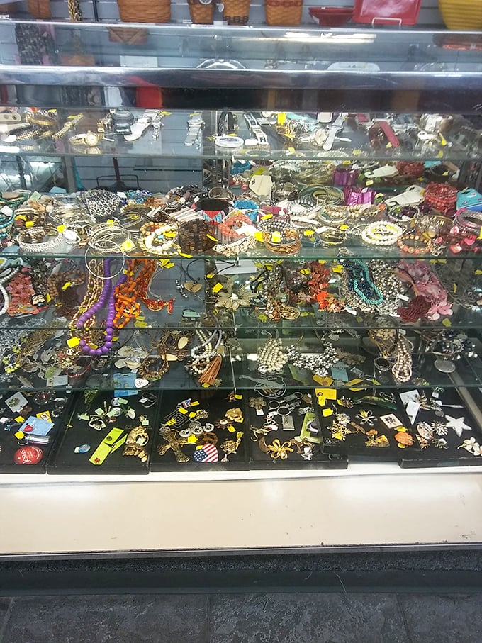 A glittering galaxy of costume jewelry where someone's former statement piece becomes your new conversation starter. Treasure hunting at its most sparkly.