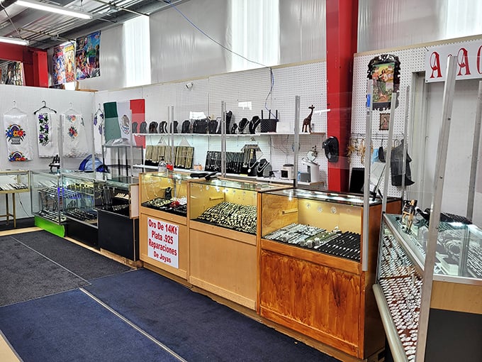 Jewelry cases glitter with possibility—perhaps your next conversation piece or family heirloom is waiting behind that glass, priced to move.