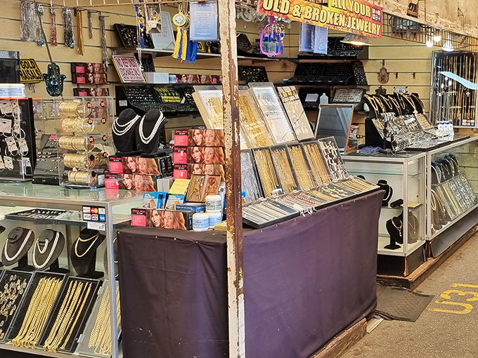 Gold glitters under fluorescent lights as shoppers hunt for that perfect piece. One person's bling is another person's treasure at this jewelry wonderland.