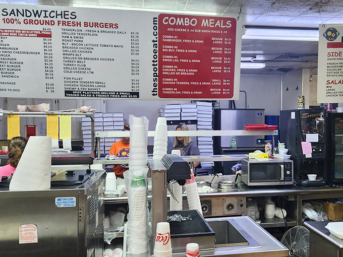 The kitchen—where diner magic happens without pretense or fancy equipment, just decades of know-how and the sizzle of burgers hitting the grill.