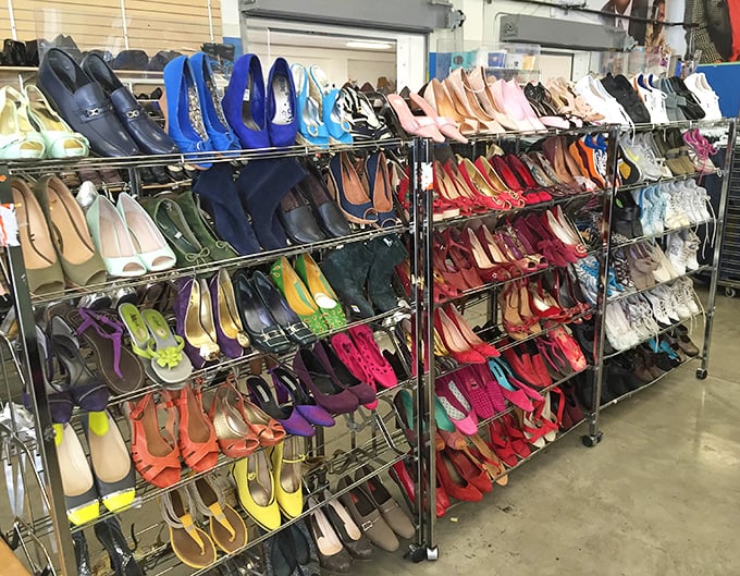 The shoe section resembles a Technicolor dream—where ruby slippers and practical pumps coexist in a footwear democracy that welcomes all styles.