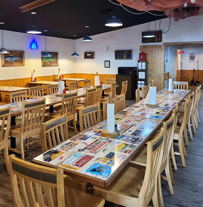 Long communal tables covered in local advertisements tell stories of area businesses—dining here connects you to the community one bite at a time.